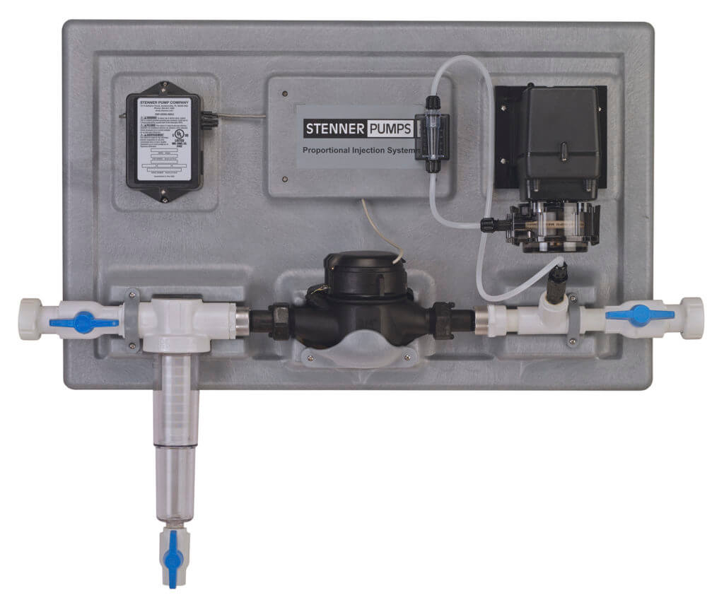 Stenner meter systems include pump & water meter pre-mounted to a panel