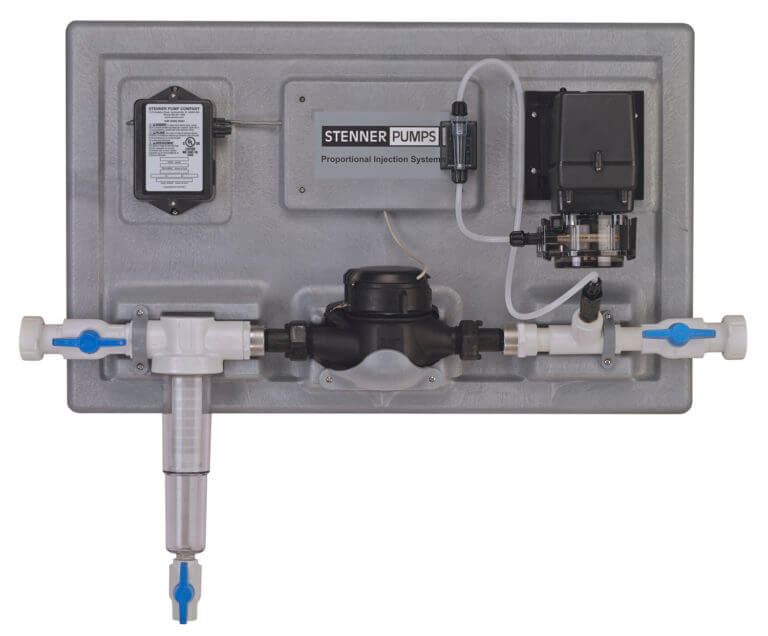 Stenner meter systems include pump & water meter pre-mounted to a panel